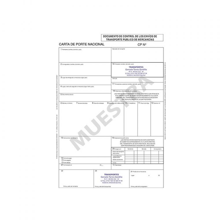 CARTA DE PORTE PERSONALIZADA A4 - Documentos de Transporte